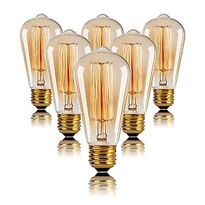 Figame ST64 Edison Bulb 60W 6 Packs, 110-130 Volts, E26/E27 Base Dimmable, Retro Edison Bulb 6 Packs, 2200k Amber Warm Yellow, Decorative Antique Filament Bulb Household Lighting Fixtures