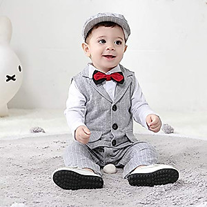 Kgurtagh Baby Boy Suit Outfit, Long Sleeve One-Piece Romper & Vest & Beret & Bow Tie, Infant Boys Gentleman Outfits for Formal Wear, Baby Boy Dressy Clothes (4pc, 0-24 Months),Grey,6-12M