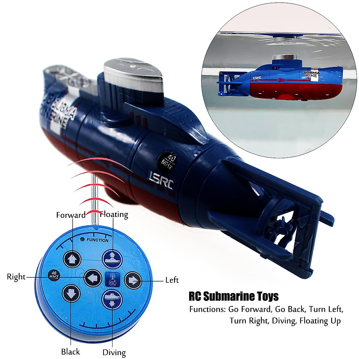 Tipmant RC Submarine Toy Remote Control Boat Ship Electric Dive for Fish Tank Water Tub Kids Birthday Gift (Blue)