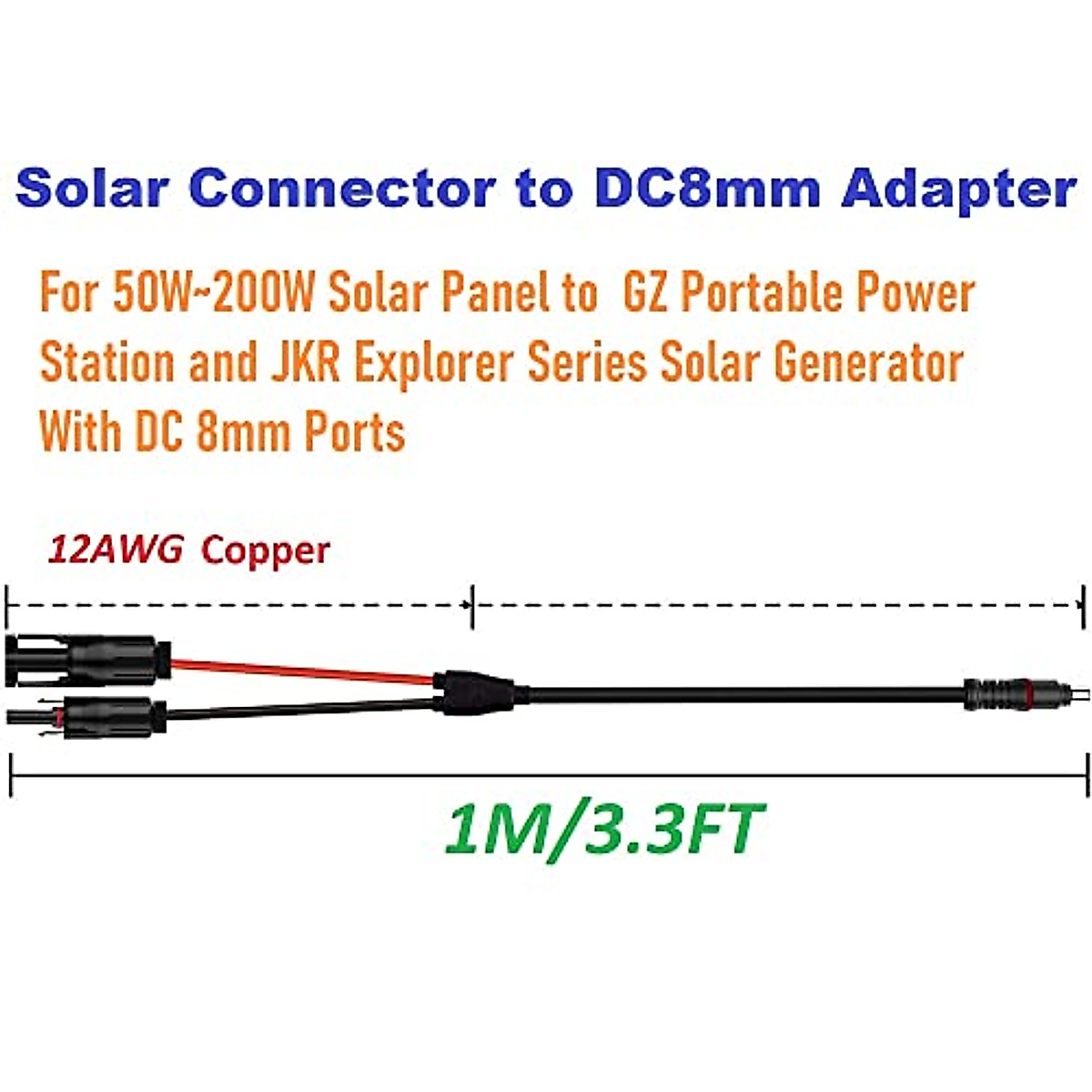 SolarEnz Solar Connector to DC8mm Adapter Cable Perfectly Solar Connector Solar Generator Portable Power Station and Solar Panel 12AWG+14AWG Heavy Duty Wire