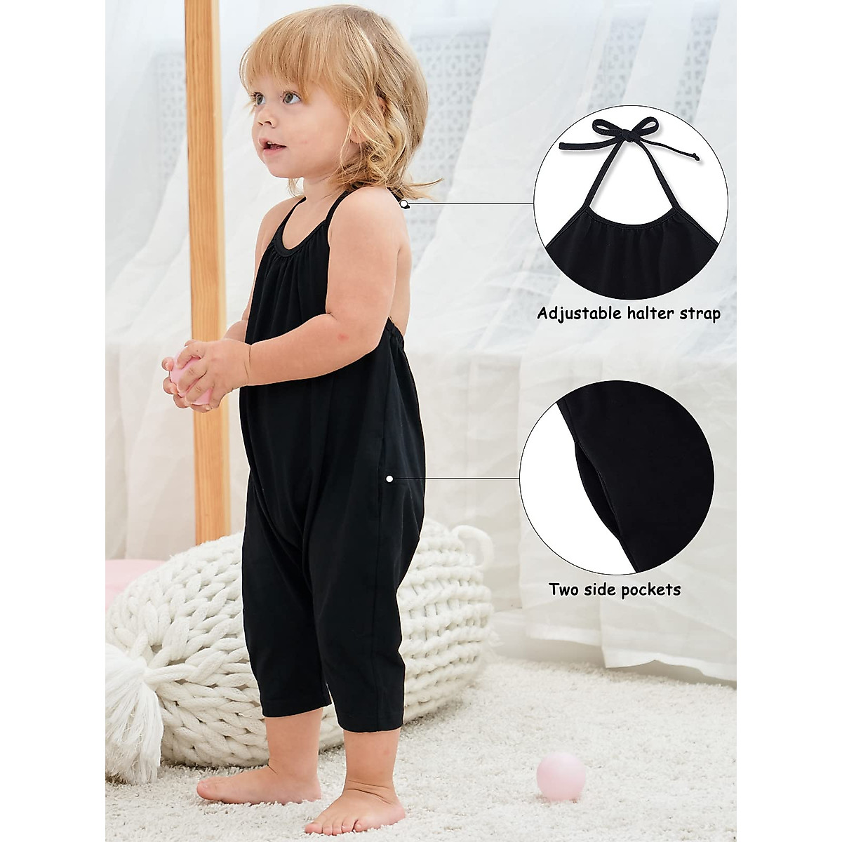Lindanina Slouch Jumpsuit for Toddlers Harem Strap Romper Little Girls Backless Halter Playsuit with Pockets Cute Solid One Piece(Black, 2-3T)
