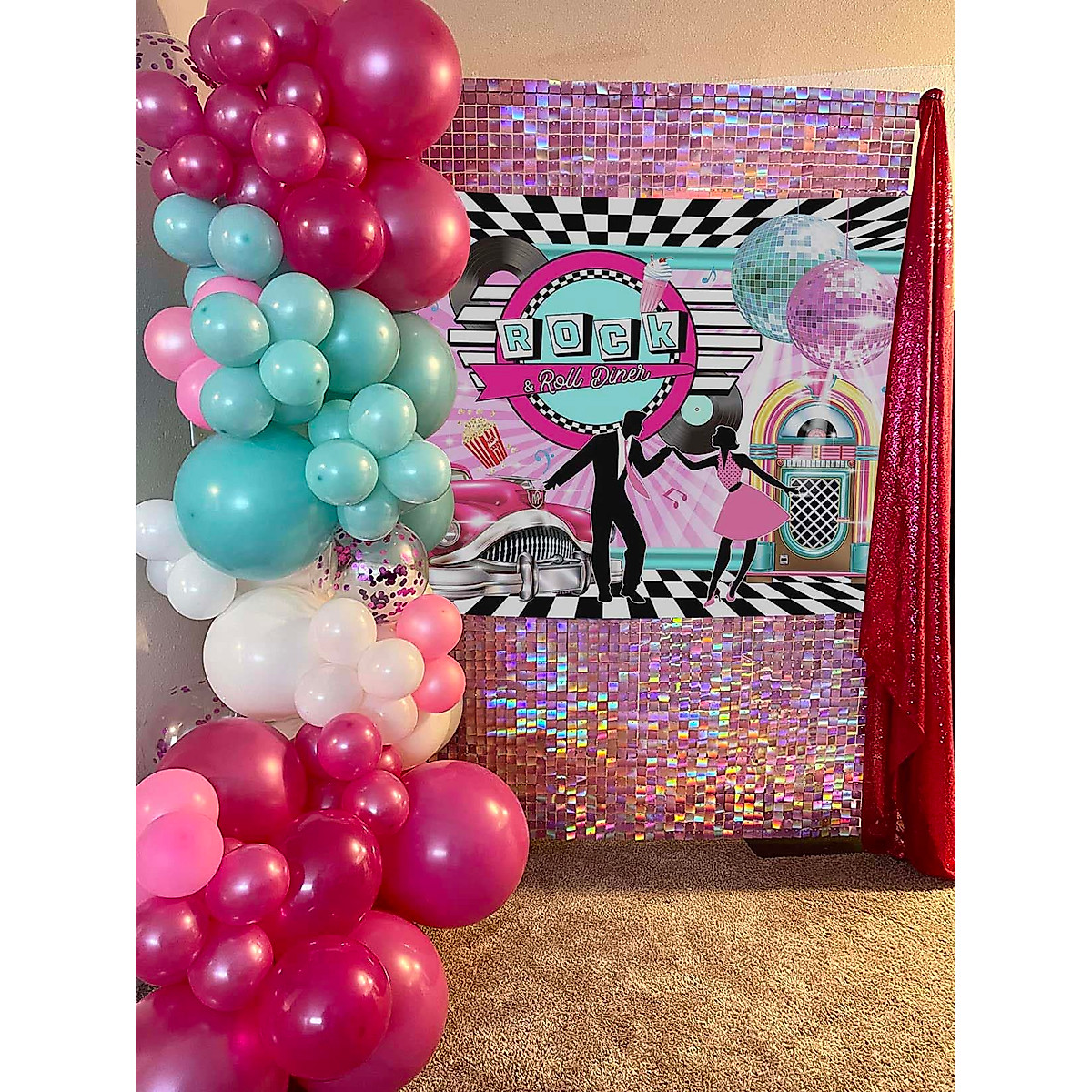 Mocsicka 50s Birthday Party Banner Back to 50's Rock and Roll Banner Backdrop 1950s Party Decorations Retro Rocking Backdrop for 50s Party, 72.8 x 43.3 Inch