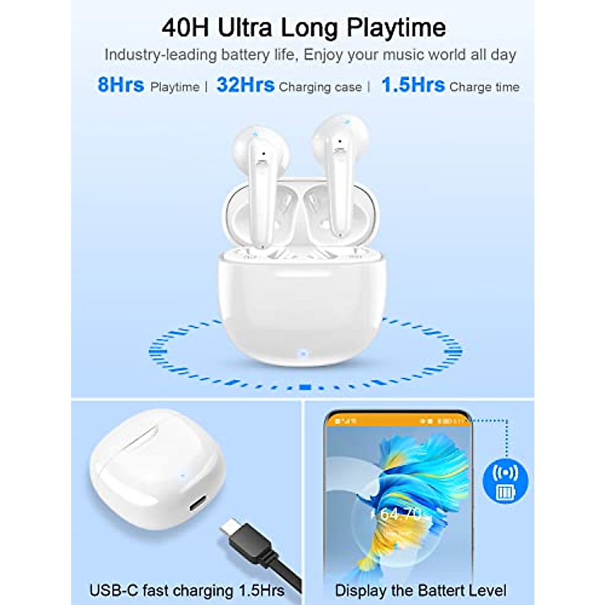 Wireless Earbud, aiskding Bluetooth 5.3 Headphones, Bluetooth Earbud HiFi Stereo Built-in 4 Mics, Wireless Headphones Touch Control with 32H Playtime, Bluetooth Earphones IP7 Waterproof for Work Sport