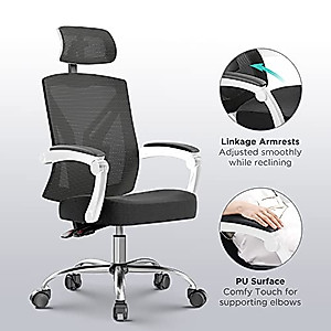 Hbada Ergonomic Office Chair High Back Desk Chair Recliner Chair with Lumbar Support Height Adjustable Seat, Headrest- Breathable Mesh Back Soft Foam Seat Cushion, White