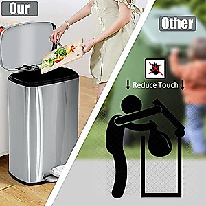 13 Gallon Steel Step Trash Can,Kitchen Trash Can with Lid & Inner Buckets , Stainless Steel Rectangular Garbage Bin , 50 L Pedal Soft Step Slow & Silent Open Close Dustbin for Kitchen, Office (Silver)
