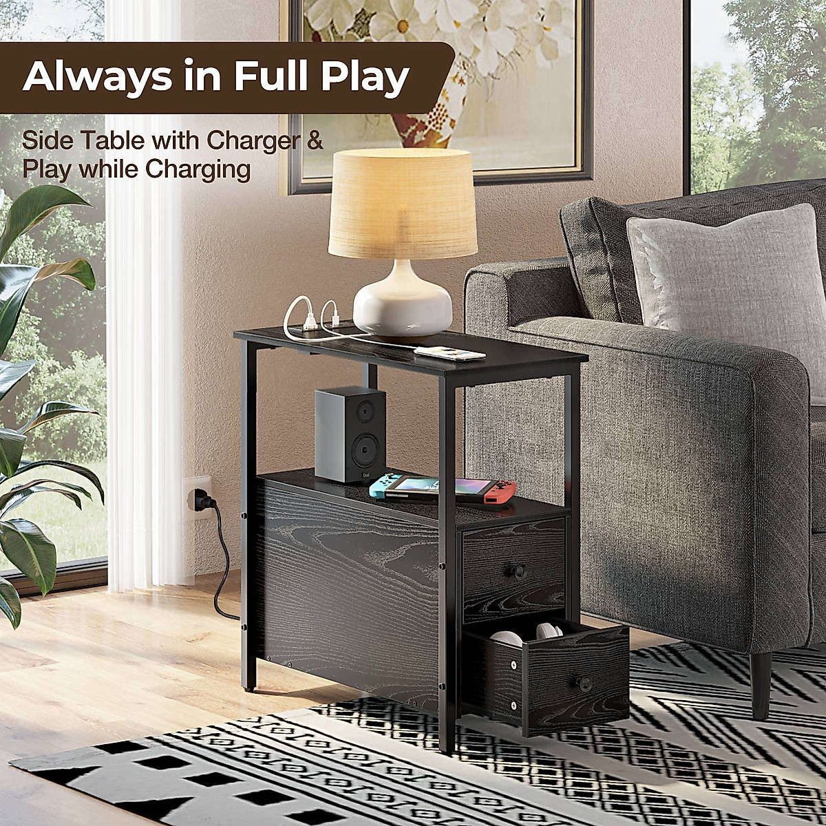 Rolanstar End Table with Charging Station, Narrow Side Table with 2 Wooden Drawers, USB Ports and Power Outlets, Nightstand Sofa Table for Small Spaces, Living Room, Bedroom, Black