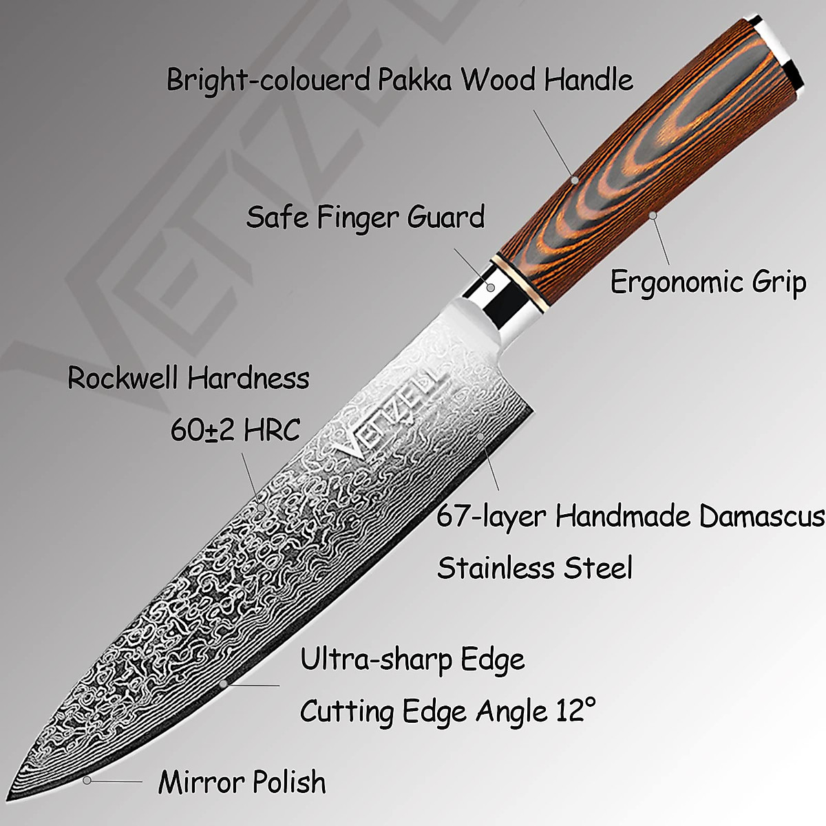 VENZELL Handmade 8 inch Chef Knife, 67-layer Damascus Stainless Steel Knife, HRC60±2 Professional Chopping Knife with Ergonomic PAKKA Wood Handle