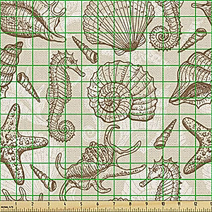 Lunarable Beige Fabric by The Yard, Retro Nautical Underwater Themed Print with Seashell Shellfish Seahorse Elements, Decorative Fabric for Upholstery and Home Accents, 3 Yards, Beige Brown