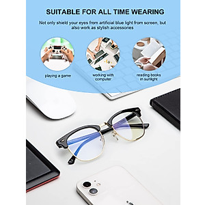 NSSIW Blue Light Glasses for Women and Men, Advanced Computer Glasses, Gaming Glasses, Semi Rimless with Blue Light Blocking, 11 Glossy Black/Golden Rim + Glossy Black/Black Rim, M