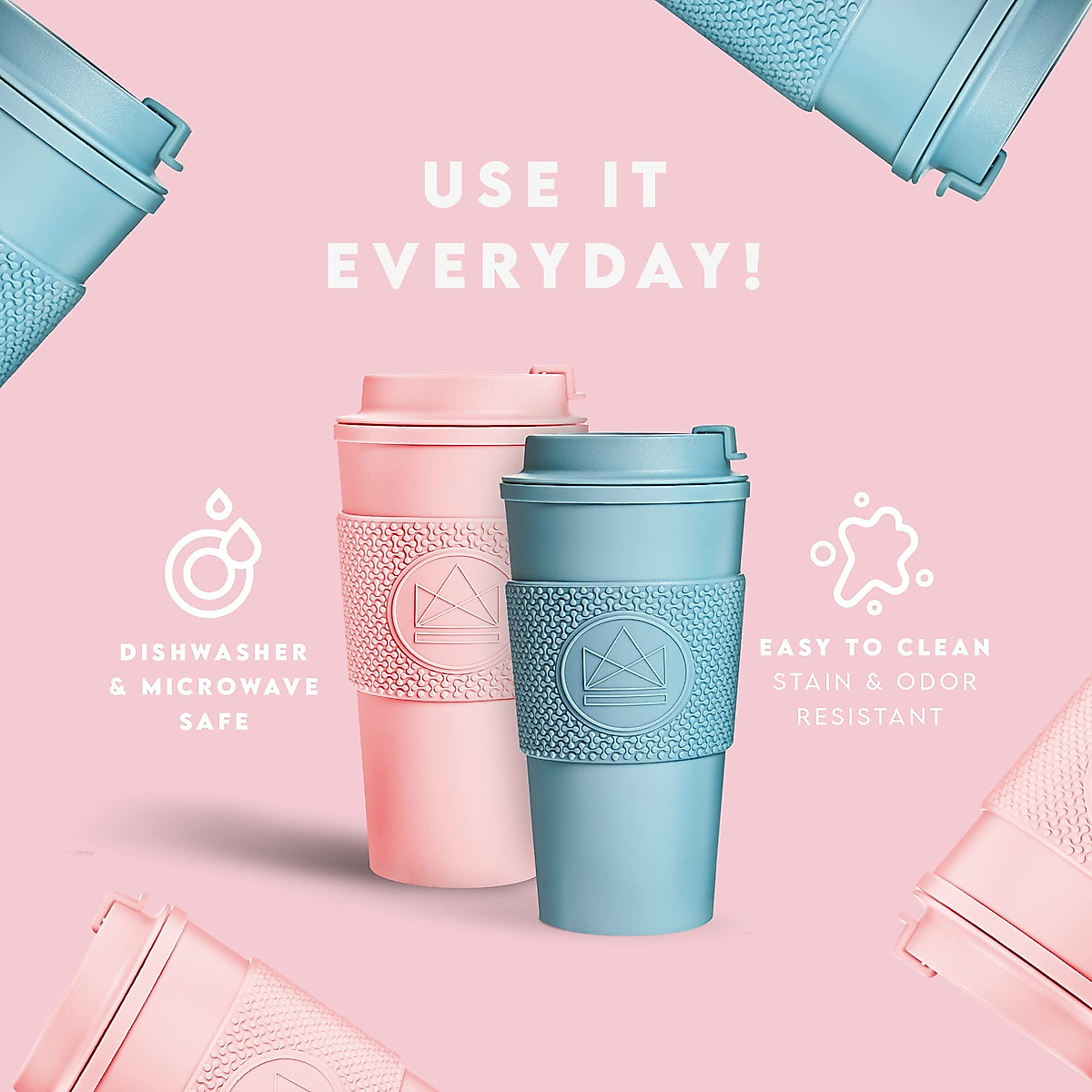 Neon Kactus - Double-Walled Coffee Cup, Reusable Coffee Cup with Resealable Lid, Food-Grade Silicone Seal and Sleeve, Insulated Coffee Tumbler, Super Sonic & Pink Flamingo, 16oz, 2pk