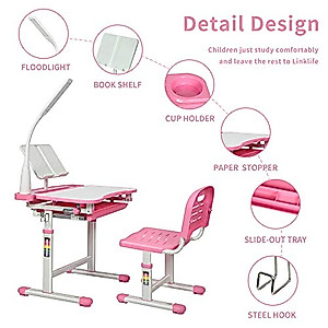 Gowxil Kids Functional Desk and Chair Set, Height Adjustable Children School Study Desk with Tilt Desktop, Bookstand, LED Light, Metal Hook and Storage Drawer for Boys Girls
