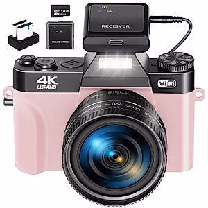 4K Digital Camera VJIANGER 48MP WiFi Vlogging Camera for YouTube with 180° Flip Screen, 16X Digital Zoom, 52mm Wide Angle & Macro Lens, 2 Batteries, 32GB TF Card(W02-Pink33)