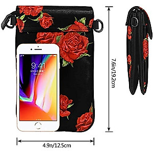 Red Rose Flower Black Women Soft PU Leather Cellphone Purse Wallet Handbag Small Crossbody Shoulder Bag