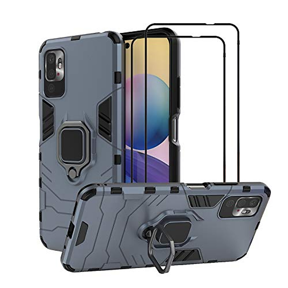 QCMM Compatible for Xiaomi Redmi Note 10 5G / Xiaomi Poco M3 Pro 5G Kickstand Case with Tempered Glass Screen Protector [2 Pieces], Hybrid Heavy Duty Armor Dual Layer Anti-Scratch Case Cover, Blue