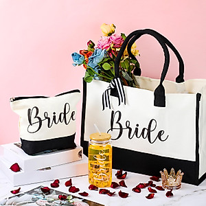 Zubebe 3 Pcs Bride Gifts Set for Bridal Shower Include Glass Cup Canvas Tote Bag Makeup Bag for Honeymoon Gift(Bride)