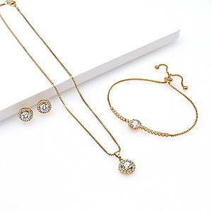 UDYLGOON Round Earrings Necklace Bracelet Jewelry Set for Women Bridal Bridesmaid Party Prom Daily Wedding (Rose Gold)