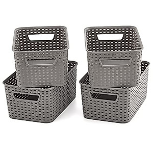 EZOWare Pack of 4 Small Gray Plastic Woven Knit Baskets, 11 x 7.3 x 5 inch Storage Organizer Bins Boxes For Office, Classroom, Desktop, Drawer and More