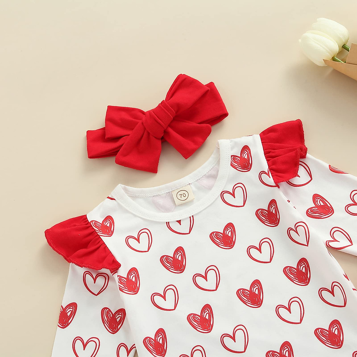 Youweixiong Infant Baby Girl Valentine´s Day Outfits Ruffle Sleeve Heart Romper Bodysuit+Bowknot Pants+Headband Clothes Set (Red , 6-12 Months )