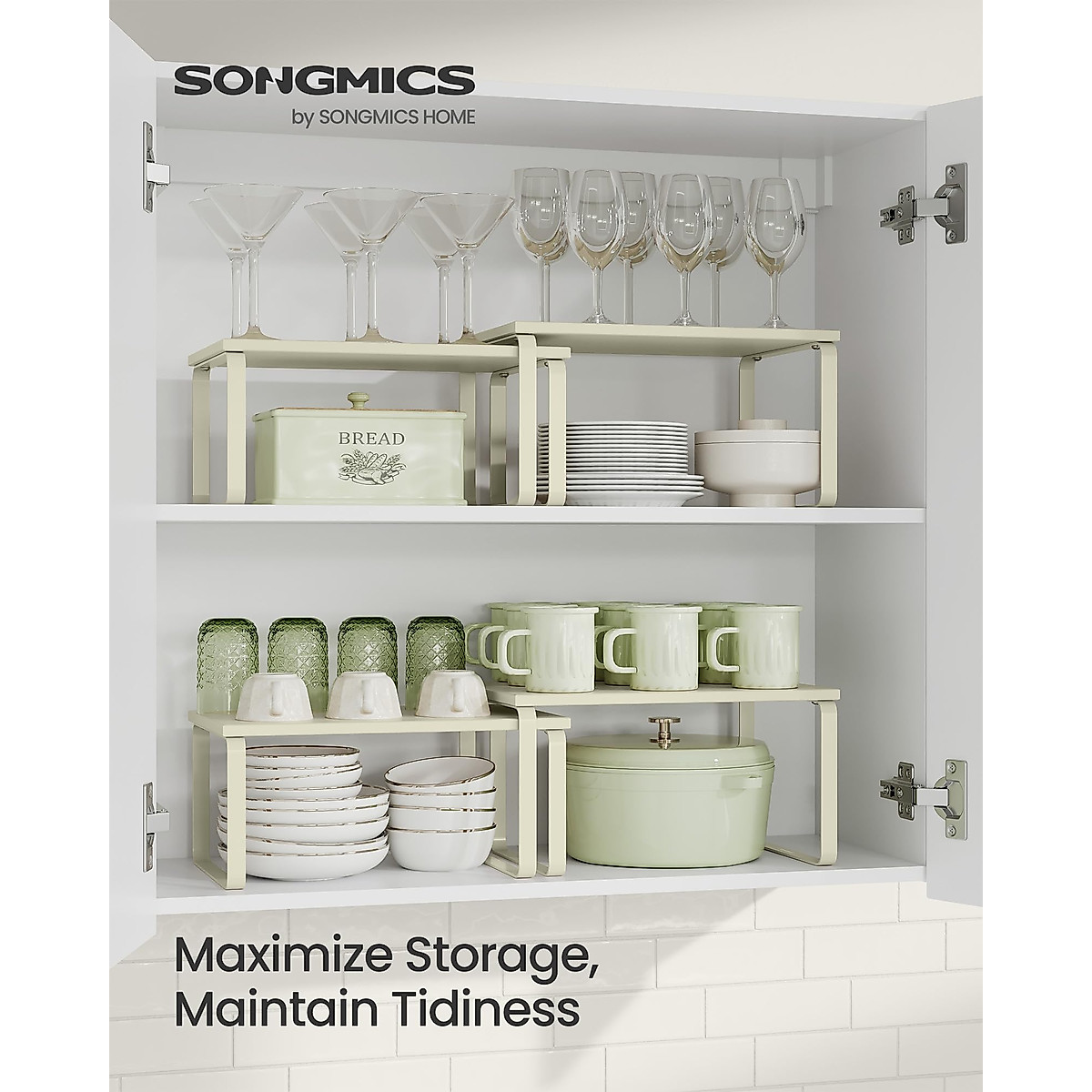 SONGMICS Cabinet Organizer Shelf, Set of 2 Kitchen Counter Shelves, Kitchen Storage, Spice Rack, Stackable, Expandable, Metal and Engineered Wood, Cream White UKCS002W02
