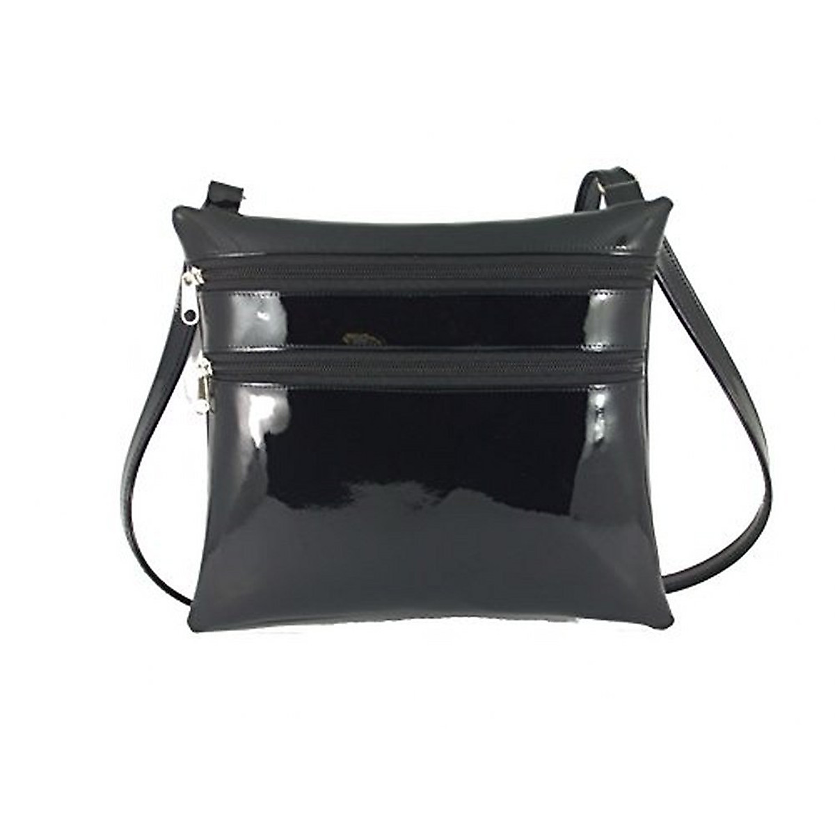 LONI Womens Super Flat Cross-Body Shoulder Bag Faux Patent Leather Medium Size in black