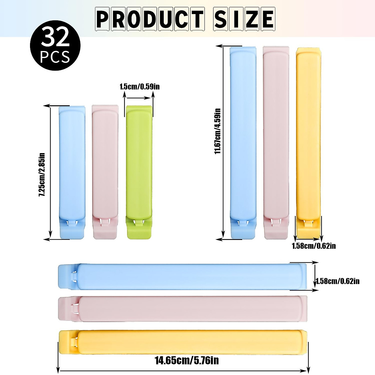 32PCS Sealing Clips for Food and Snack Bags,Plastic Sealing Clip Bag Food Bag Clips, Kitchen Clips for Bags(2.85 in, 4.59 in, 5.76 in)