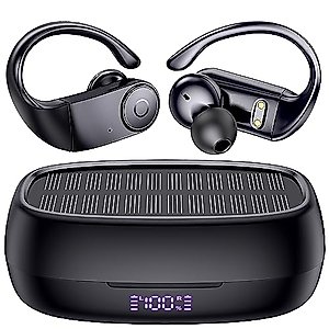 Wireless Earbuds Bluetooth Headphones with Earhooks[Solar Charging &Wireless Charging with LED Display][IPX7 Waterproof ]Wireless Over Ear Buds Built-in Mics Headset for Sport Running Workout-Black