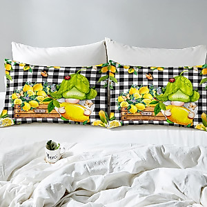 Kawaii Summer Lemon Gnomes Duvet Cover Set King Size,Black White Geometric Grid Bedding Set 3Pcs,Watercolor Summer Fruits Leaves Comforter Cover Cute Butterfly Animals Quilt Cover,Yellow Green