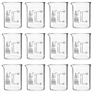 EISCO 12PK Beakers, 10ml - ASTM - Low Form with Spout - White Graduations - Borosilicate 3.3 Glass