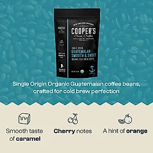 Guatemala Organic Cold Brew Coffee, Single Origin, Gourmet Beans, Tasting Notes of Milk Chocolate, Creamy Caramel & A Hint of Orange, Medium Roast Coarse Ground Beans, 16 oz Coffee Bag
