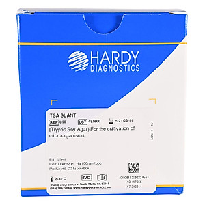 Tryptic Soy Agar (TSA) Slant, General Growth Medium, 16x100mm Glass Tube, Order by the Package of 20, by Hardy Diagnostics
