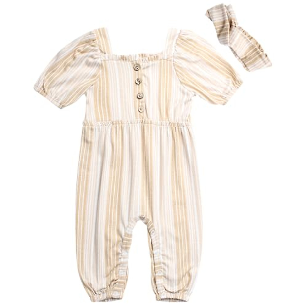 Jessica Simpson Baby Girls' Romper - One Piece Short Sleeve Jumpsuit for Baby Girls with Headband (Infant Sizes: 0-24M), Size 6-9 Months, Yellow Stripe