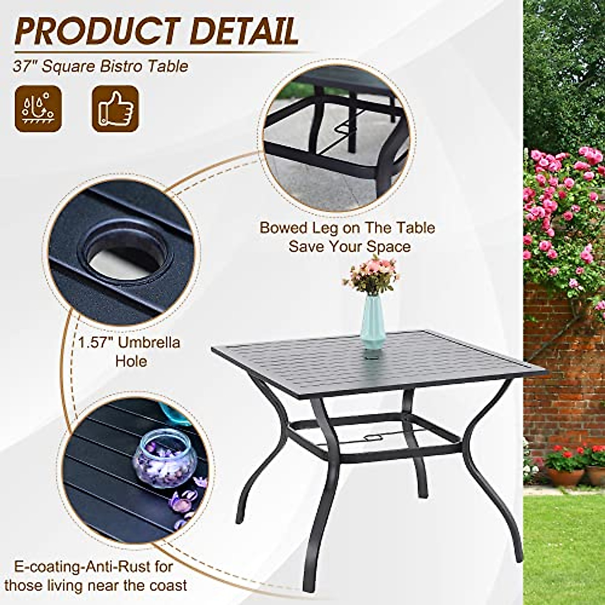 PHI VILLA 5-Piece Metal Patio Outdoor Dining Set- 37" Square Bistro Table and 4 Backyard Armrest Chairs, Table with 1.57" Umbrella Hole for Patio, Deck