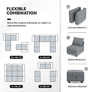 HONBAY Modern L Shaped Sectional Sofa for Small Space Fabric Modular Sofa with Chaise Loveseat Sofa with Ottoman and Storage Seat, Bluish Grey