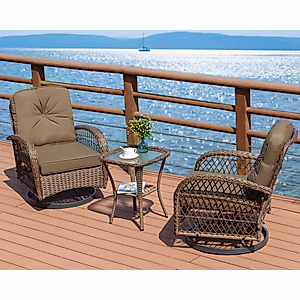 IMUsee Patio Furniture Set, 3 Pieces Swivel Rocking Chairs Outdoor Wicker Patio Bistro Set with Thick 4" Cushions, Brown & Khaki