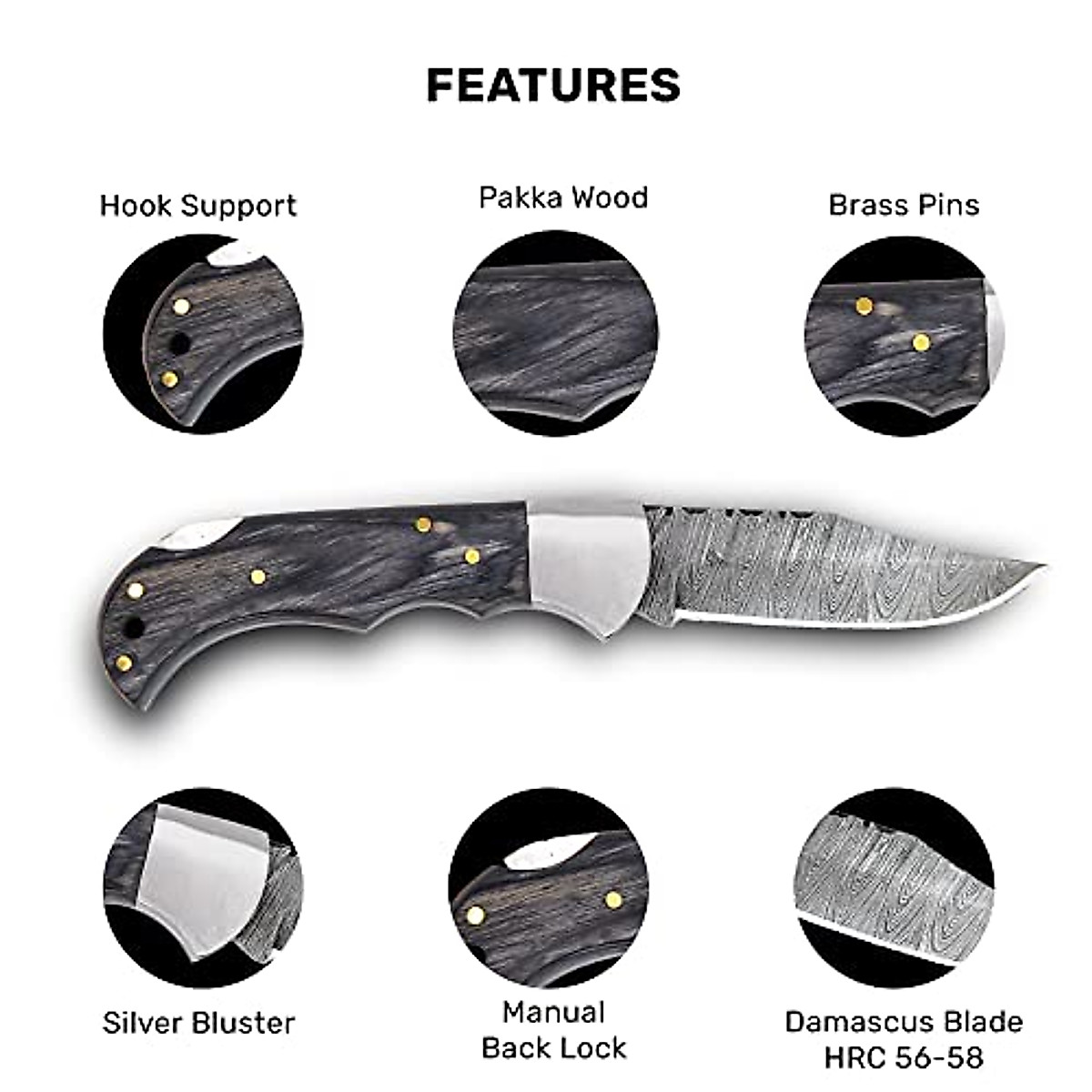 KIMPE 6.5" Damascus Pocket Knife with Holster-Folding Knife-EDC Knife-Best Camping Knife & Survival Knife-Pocket Knives for men & Self Defense Knife for Women (Pakka Grey Wood)