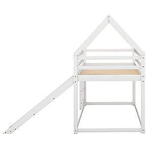 TARTOP Twin Size Bunk House Bed with Convertible Slide and Ladder,Twin Over Twin Wooden Bed Frame with Guardrails for Kids Teens Girls Boys,White