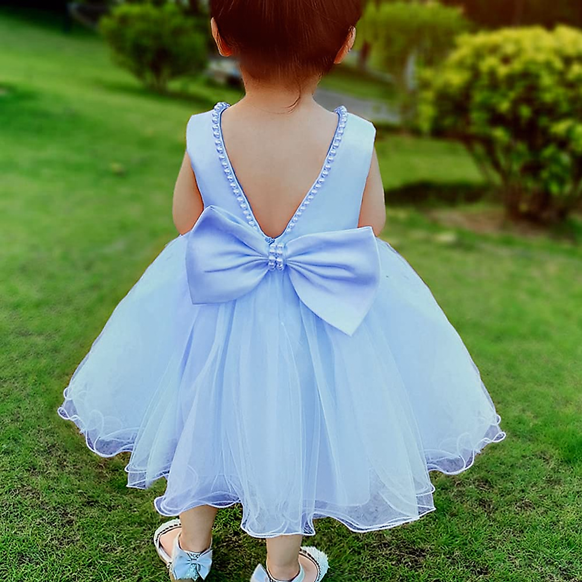 WZSYGDTC Infant Girls Bowknot Dresses Little Baby Girl Toddler Backless Ball Gown Dress(Light Blue,90)