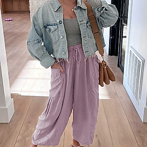 MaLinfandor Women's Oversized Loose Pants Cotton Linen Wide Leg Elastic Waist Relax Fit Bloomers Trousers with Pockets(Light Purple,XL)