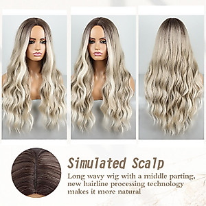 HANYUDIE Ombre Blonde Wig Long Wavy Wig For Women Middle Part Wavy Wigs Synthetic Heat Resistant Party Wigs (Ombre Ash Blonde)