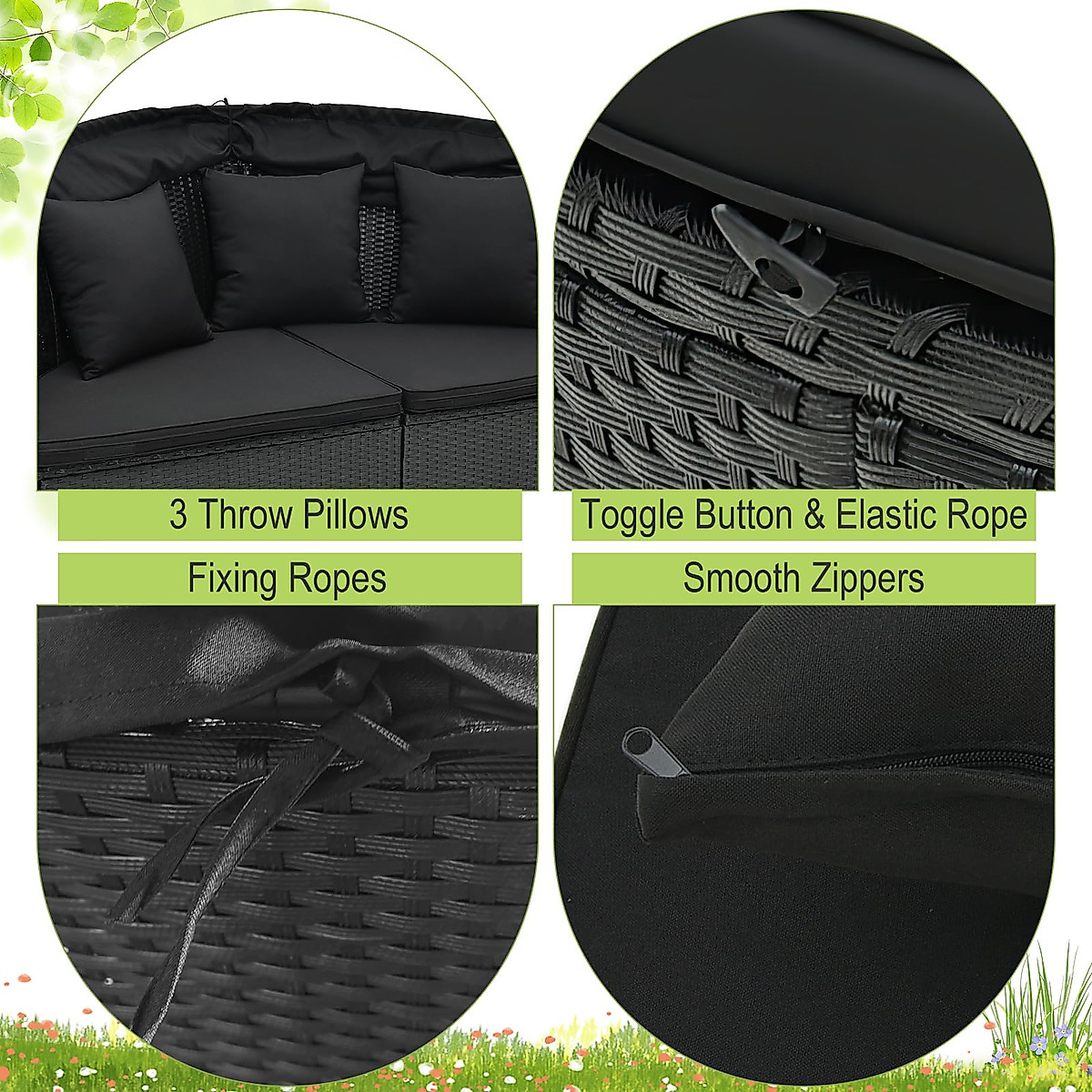 Tangkula Outdoor Patio Round Daybed with Retractable Canopy, Black Rattan Wicker Furniture Sectional Seating with Cushions and Throw Pillows, Seating Separates Cushioned Seats for Backyard (Black)