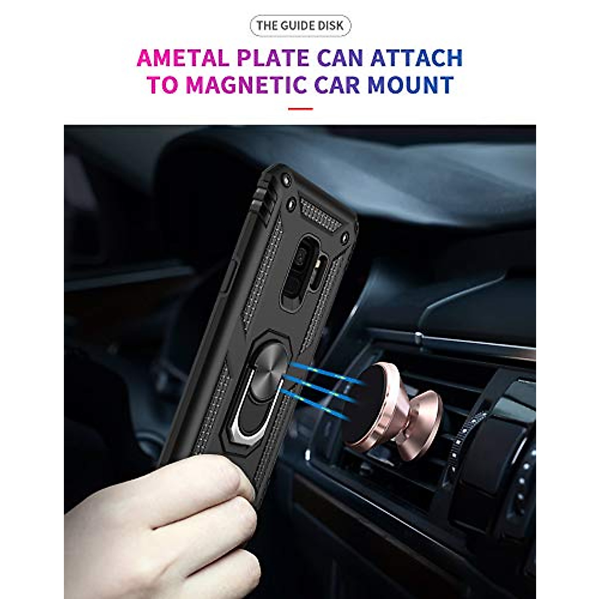 Androgate for Samsung Galaxy S9 Case with HD Screen Protectors, Military-Grade Metal Ring Holder Kickstand 15ft Drop Tested Shockproof Cover Case for Samsung Galaxy S9 (2018), Black