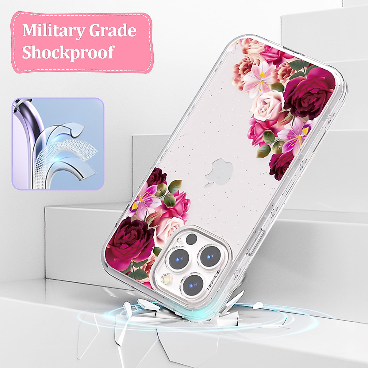 ACKETBOX for iPhone 13 Pro Max Case,with Screen Protector & Camera Lens Protector+Ring Bracket,Floral Phone Cover Designed for iPhone 13 Pro Max(Big Red Flower 01)