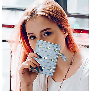 LJCZKA Small Wallet for Women Cute RFID Blocking PU Leather Card Holder for Girls Flower Coin Cash Purse Slim Short Wallet (Blue)