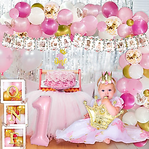 125 PCs First Birthday Decorations for Girl, Fiesec Little Miss Onederful 1st Birthday Party Decorations Backdrop Balloon Garland Monthly Photo Highchair Banner Box Cutout Cake Topper Crown Poster