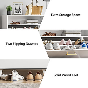 Wananlanen White Shoe Storage Cabient with 2 Flip Drawer, Narrow Freestanding White Shoe Organizer Cabinet, Modern Shoe Racks with Open Shelves for Entryway