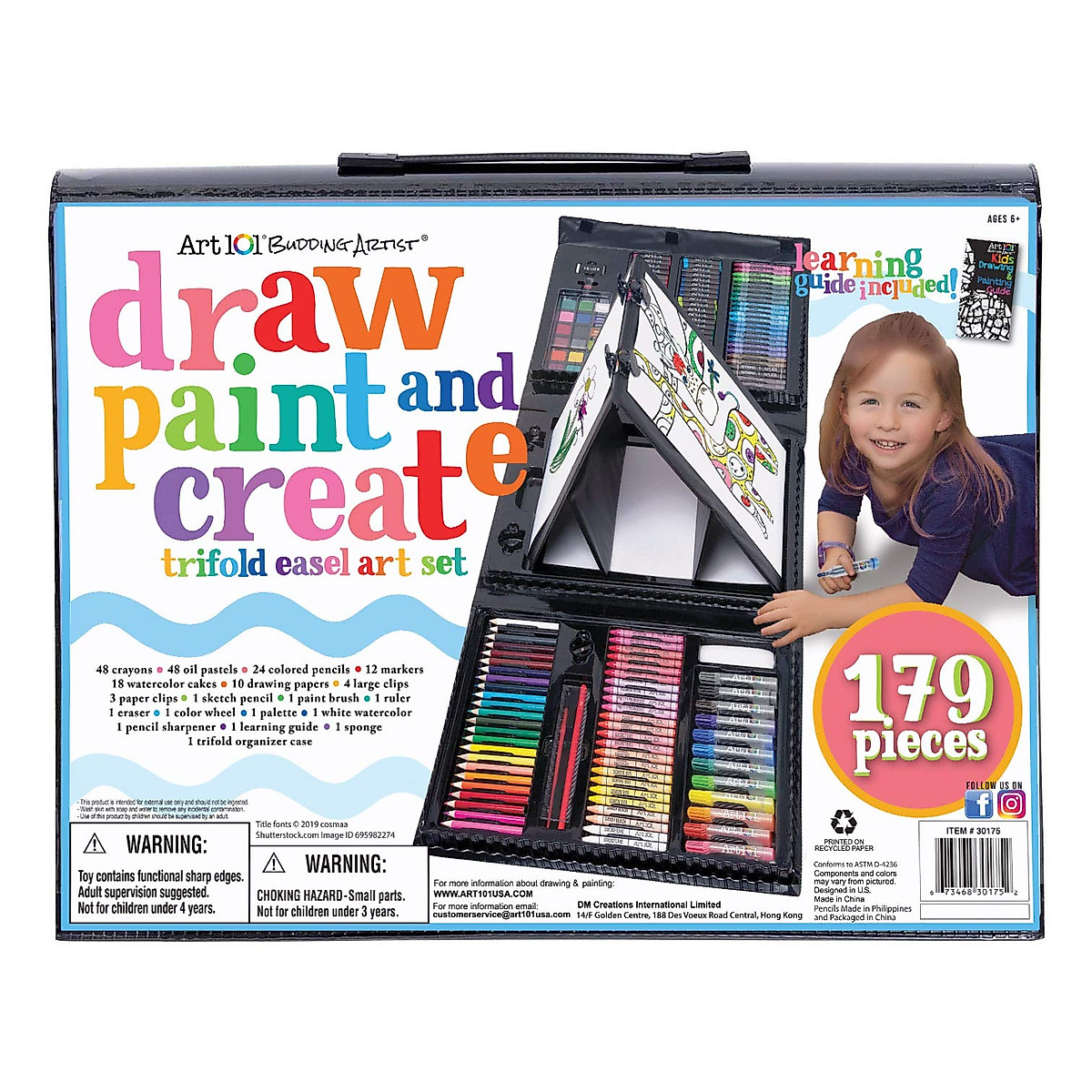 Art 101 Budding Artist 179 Piece Draw Paint and Create Art Set with Pop-Up Double-Sided Easel, Includes markers, crayons, paints, colored pencils, Case includes pop up easel, Portable Art Studio