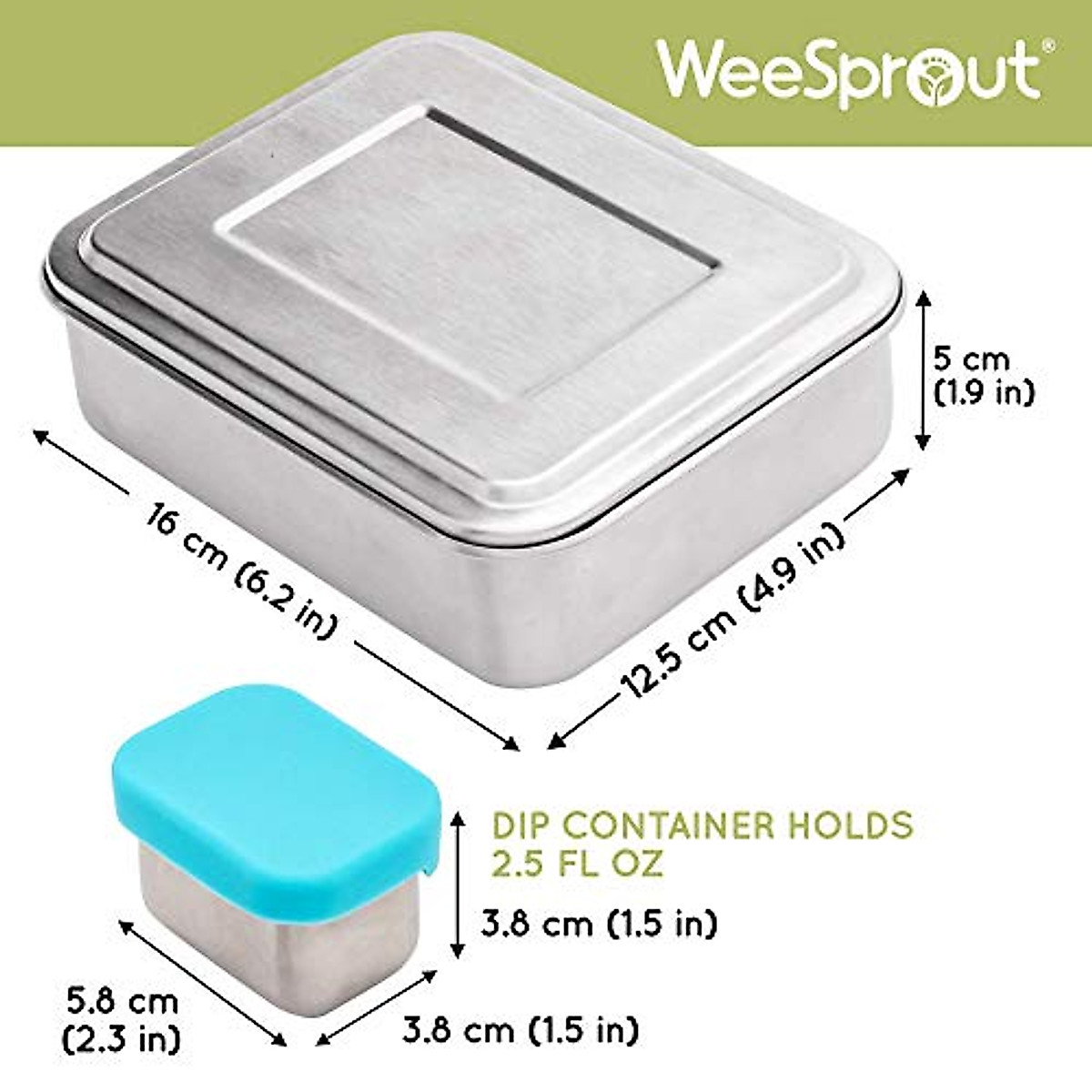 WeeSprout 18/8 Stainless Steel Bento Box (Compact Lunch Box) - 3 Compartment Metal Lunch Containers, for Kids & Adults, Bonus Dip Container, Fits in Lunch Bag & Backpack