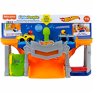 Fisher-Price Little People Hot Wheels Toddler Playset Race and Go Track Set with Lights Sounds & 2 Toy Cars for Ages 18+ Months