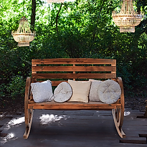 Outdoor Wood Rocking Chair Wooden Wagon Wheel Bench, Rustic Patio Rocker Chair for Porch Lawn Garden Balcony Poolside, Brown