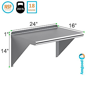 AmGood 24" Long X 16" Deep Stainless Steel Wall Shelf | NSF Certified | Appliance & Equipment Metal Shelving | Kitchen, Restaurant, Garage, Laundry, Utility Room